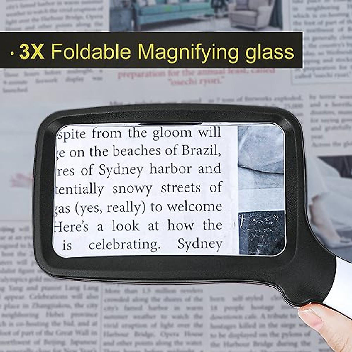 Arsir 3X Folding Magnifying Glass with Light, Retancular Lighted Magnifier with 5 LED Lights, Handhold Page Magnify Lens Seniors Gift for Reading Books, Coins, Maps, Inspection, Kid Exploring -Black