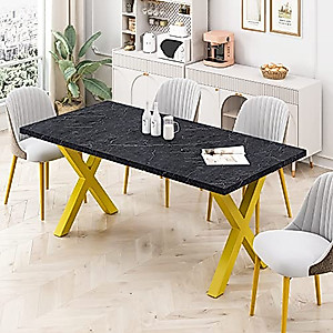 70.87" Modern Square Dining Table with Printed Black Marble Table Top+Gold X-Shape Table Leg (Black+Gold)