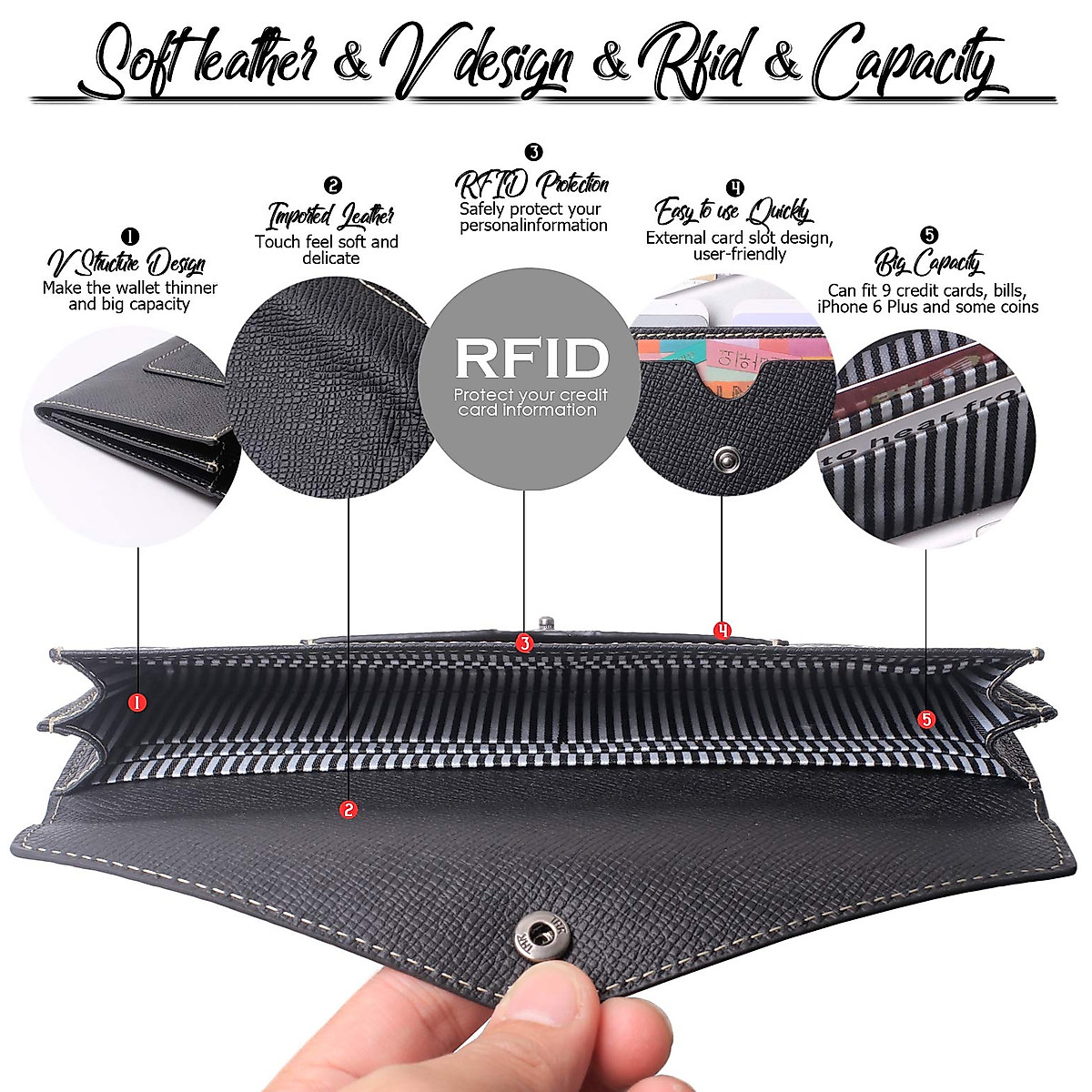 Borgasets Women's Wallet Leather RFID Ultra Thin Envelope Purse Travel Clutch with ID Card Holder and Phone Pocket (Crosshatch Black)