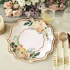 Tableclothsfactory 25 Pack | Floral 10" Scallop Rim Dinner Party Paper Plates, Disposable Plates - 300 GSM