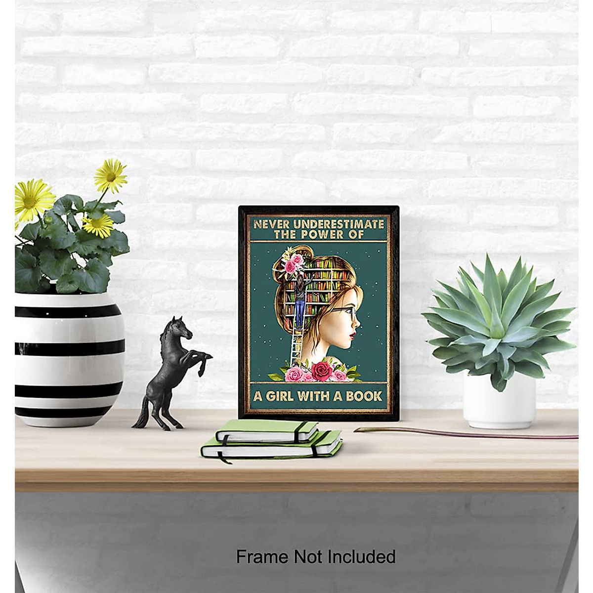 Inspirational Classroom Wall Art & Decor - Girls Bedroom - Never Underestimate A Girl With A Book - Positive Quotes - Girls Room - Girly Motivational Posters - Uplifting Encouragement Daughter Gifts