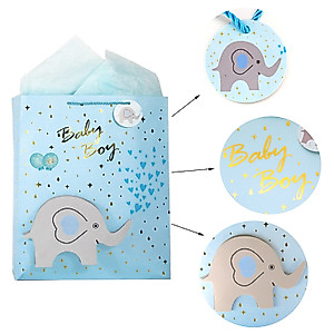 CUTERUI GIFTED 16.5" Extra Large Boy Gift Bags with 3D Elephant Patch for Baby Shower with Tissue Paper and Greeting Card (Blue Baby boy)