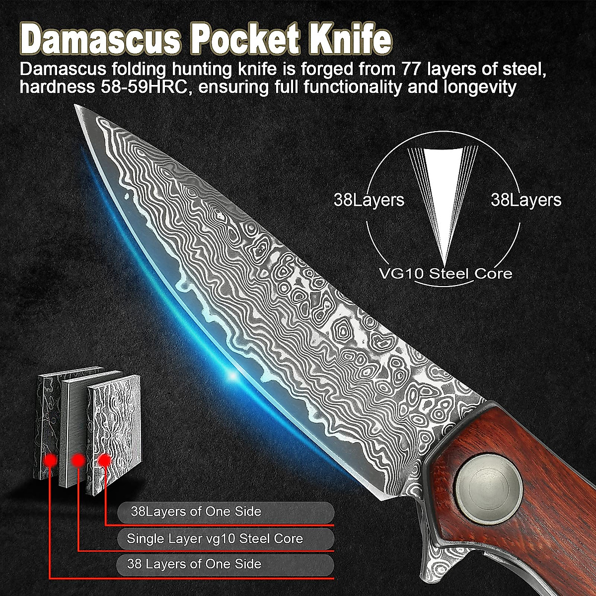 AUBEY Damascus Folding Pocket Knife Handmade with Clip for Men, Damascus Hunting Knife EDC Knife with Liner Lock for Outdoor Survival Camping Collection, Wooden Handle