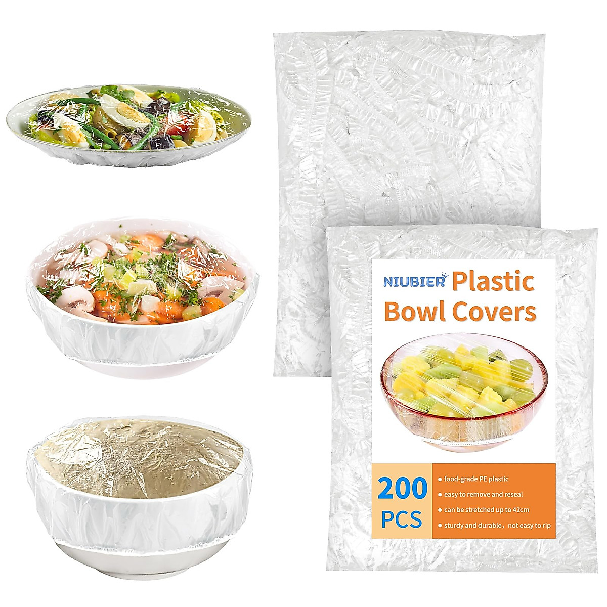 NIUBIER 200 Pcs Bowl Covers, Bowl Covers Reusable, Plastic Bowl Covers, Bowl Covers Elastic, Food Covers Stretch, Plate Covers for Food, Bowl Covers for Bread Proofing