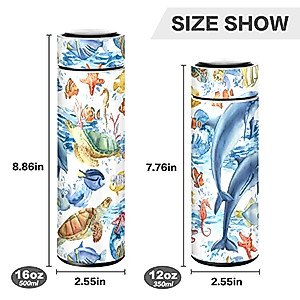 CaTaKu Small Water Bottle 12 oz, Sea Life Fish Turtle Insulated Water Bottle for Water Coffee Tea Stainless Steel Flask Thermos Bottle Reusable Wide Mouth Vacuum Travel Mug