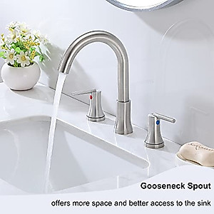 SHACO Brushed Nickel Bathroom Faucet, Bathroom Faucets for Sink 3 Hole, 8 Inch 360° Swivel Spout Widespread Vanity Faucet, 2 Handle Bathroom Sink Faucet with Supply Hoses & Overflow Drain