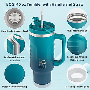 BOGI 40 oz Tumbler with Handle and Straw, 2 in 1 Lid Stainless Steel Tumbler with Lid and Straw Leak Proof Insulated Tumblers Reusable Travel Coffee Mug Cupholder-Friendly Travel Mug | Blue Dark Blue