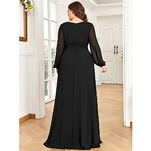Ever-Pretty Women's Round Neck Long Lantern Sleeves Chiffon Pleated Long Evening Gown Plus Size Formal Dress Black US22