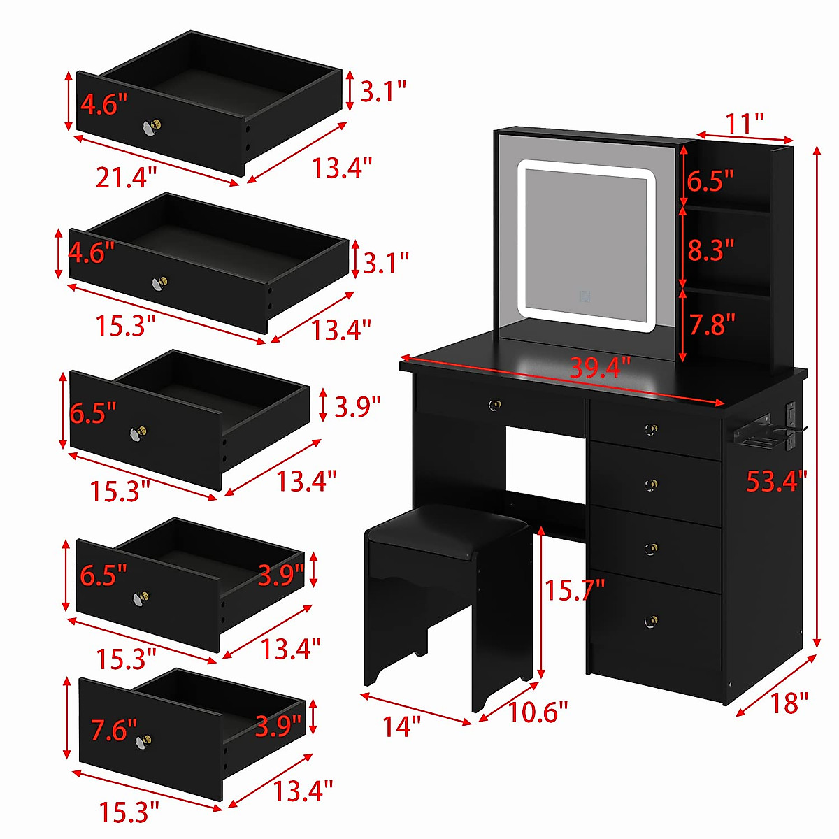 Homsee Vanity Desk Set Makeup Table with Large Sliding Lighted Mirror, Power Strip and Hair Dryer Holder, Dressing Table with Drawers, Storage Shelves & Stool for Bedroom, Black