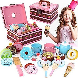 Lawcephun Wooden Tea Party Set for Little Girls, 30pcs Princess Tea Set Toy for Pretend Play, Montessori Toys for Toddlers Age 3-6, Birthday Gifts for Girls & Boys