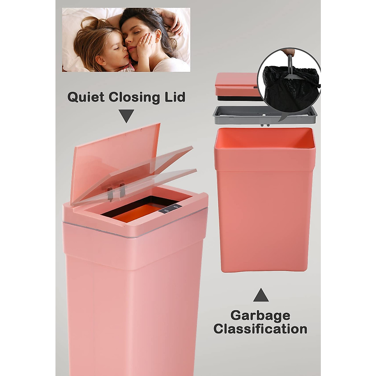 Trash Can 13 Gallon Plastic Automatic Trash Can with Lid for Bedroom Bathroom Home Office Garbage Can Trash Bin Touchless Trash Can Sensor Trash Can Electric Trash Can 50 Liter，Pink