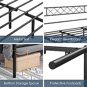 Yaheetech Metal Platform King Bed Frame Mattress Foundation with Headboard and Footboard No Box Spring Needed Under Bed Storage Steel Slats Black