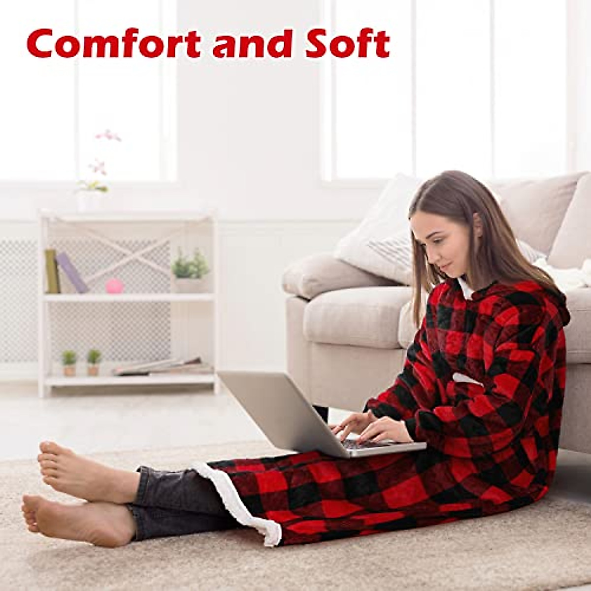 Warm Wearable Blanket Hoodie, Cozy and Soft Sherpa Pullover Sweatshirt w/ Giant Hood Pocket, Adults Comfortable Thick Fleece Throw Blanket for Spring, Autumn, and Winter