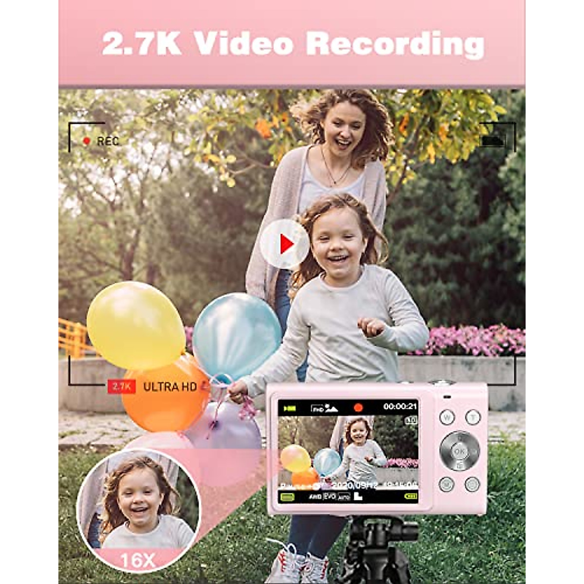 Digital Camera Auto Focus 2.7K 48MP Digital Point and Shoot Camera with 32GB Memory Card,16X Zoom, Time Lapse Vlogging Camera Digital Cameras for 8-15 Years Kids Teenagers Students Boys Girls,Pink