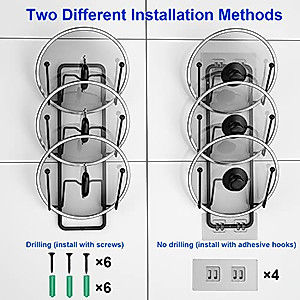 Carry360 2 Pack Pot Lid Organizer Rack, 6 Tier Pot Lids Holder for Cabinet Door/Wall Mount, Reusable Pot Lid Rack Holder for Kitchen Storage with No Drilling Adhesive (Black)