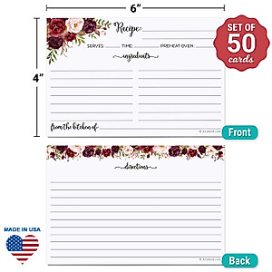321Done Recipe Cards (Set of 50) Floral 4" x 6" - Double-Sided for Weddings, Bridal Shower - Made in USA - Large Watercolor Red Roses, White From the Kitchen Of