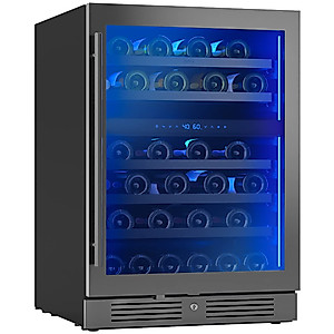 Zephyr Presrv 24" Wine Fridge Dual Zone Under Counter - Countertop Mini Wine Cooler Cellars Small Cabinet Wine Refrigerator Home Bar Chiller Freestanding with French Glass Door Black, 45 Bottles 750ml