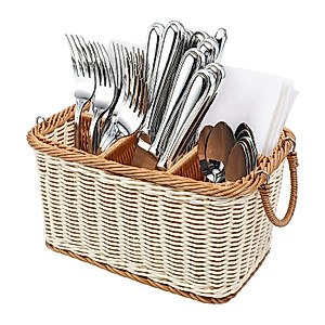 Hemoton Utensil Holder Silverware Caddy, Rattan Hand Woven Cutlery Storage Organizer, Multifunctional Divided Storage Basket, for Hold Forks, Knives, Napkins, Foods and Sundries （ Flexible Handle ）