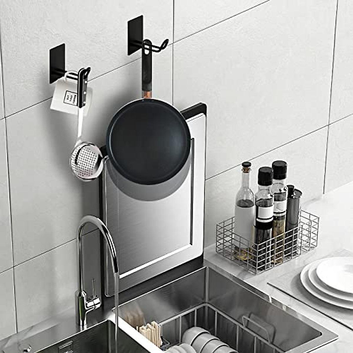 Biomoty Adhesive Hooks, Matte Black Towel Hooks for Bathrooms, Stainless Steel Sticky Hooks for Kitchen Door, Heavy Duty Wall Hooks for Hanging Key Hat Coat Robe Towels, 4 Pack