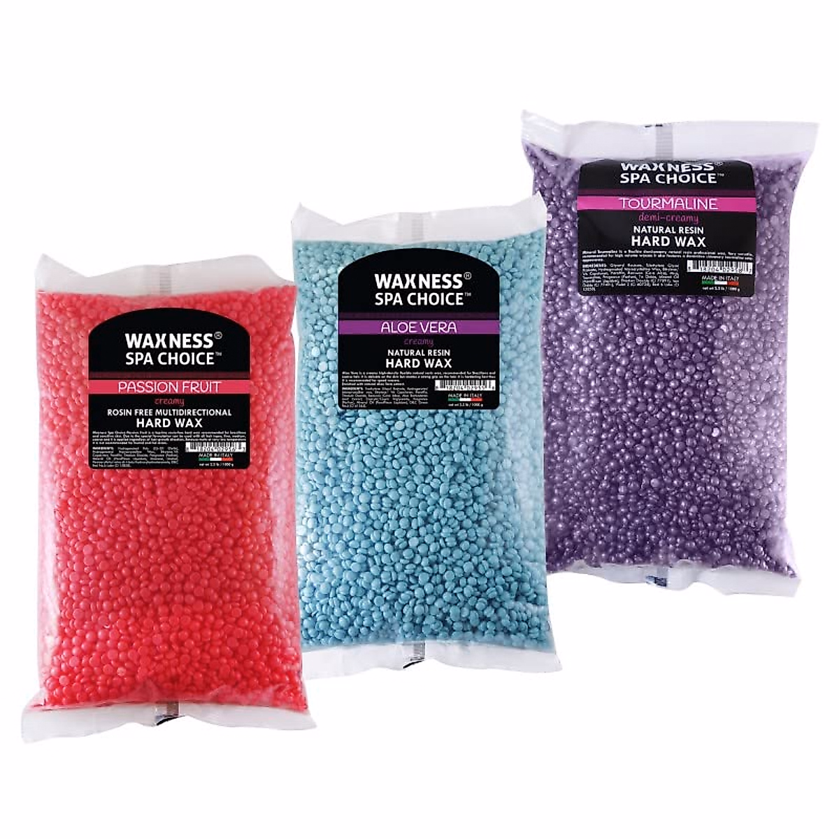 Waxness Spa Choice Assorted Hard Wax Beads 2.2 lb / 1 kg Pack of 3 - Tourmaline, Aloe Vera, Passion Fruit