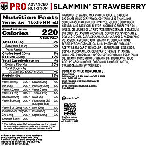Muscle Milk Pro Advanced Nutrition Protein Shake, Slammin' Strawberry, 14 Fl Oz Bottle, 12 Pack, 40g Protein, 1g Sugar, 16 Vitamins & Minerals, 6g Fiber, Workout Recovery, Packaging May Vary