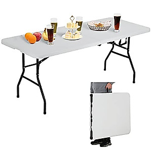 Dkelincs 6 Foot Folding Table with Sturdy Handle, Heavy Duty Centerfold Portable Table, Lightweight Indoor Outdoor Plastic Table for Picnic, Party, Camping - White