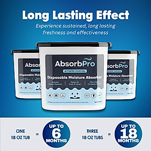 Absorb Pro - Moisture Absorber Tub with Activated Charcoal - 3-Pack - 18 oz Disposable Odor Eliminator Box & Dehumidifier for Garage, Home, Kitchen, Bedroom, Bathroom, Closet, Cars, and Boats