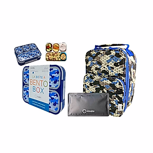 Bundle of Camo Lunch-Box for Boys 4 Compartments (Blue Camouflage) + Camo Lunch Box for Boys Kids Men with Ice Pack (Blue Black Camouflage)