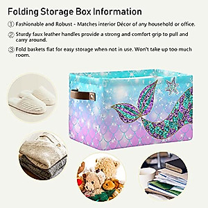 Rectangular Storage Basket Storage Bin - Mermaid Fish Scale Collapsible Storage Box with Leather Handles Shelf Basket Organizer for Home,Office,Nursery,Dorm,Shelf