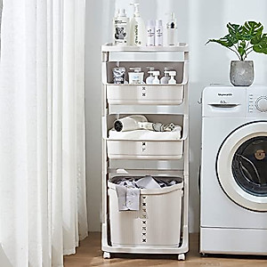 HOLMZCED 4 Tiers Standing Laundry Baskets with Wheels, Rolling Laundry Cart with Removable Laundry Basket Mobile Laundry Hampers Plastic Laundry Storage Cart White for Bedroom Laundry Room Bathroom