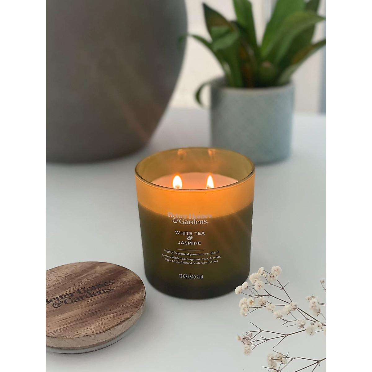 BetterHomes&Gardens Better Homes and Gardens 12oz Scented Candle, White Tea and Jasmine 2-Pack, Olive Green, 12oz (329g) x 2 [excluding glass jar weight] (44220)