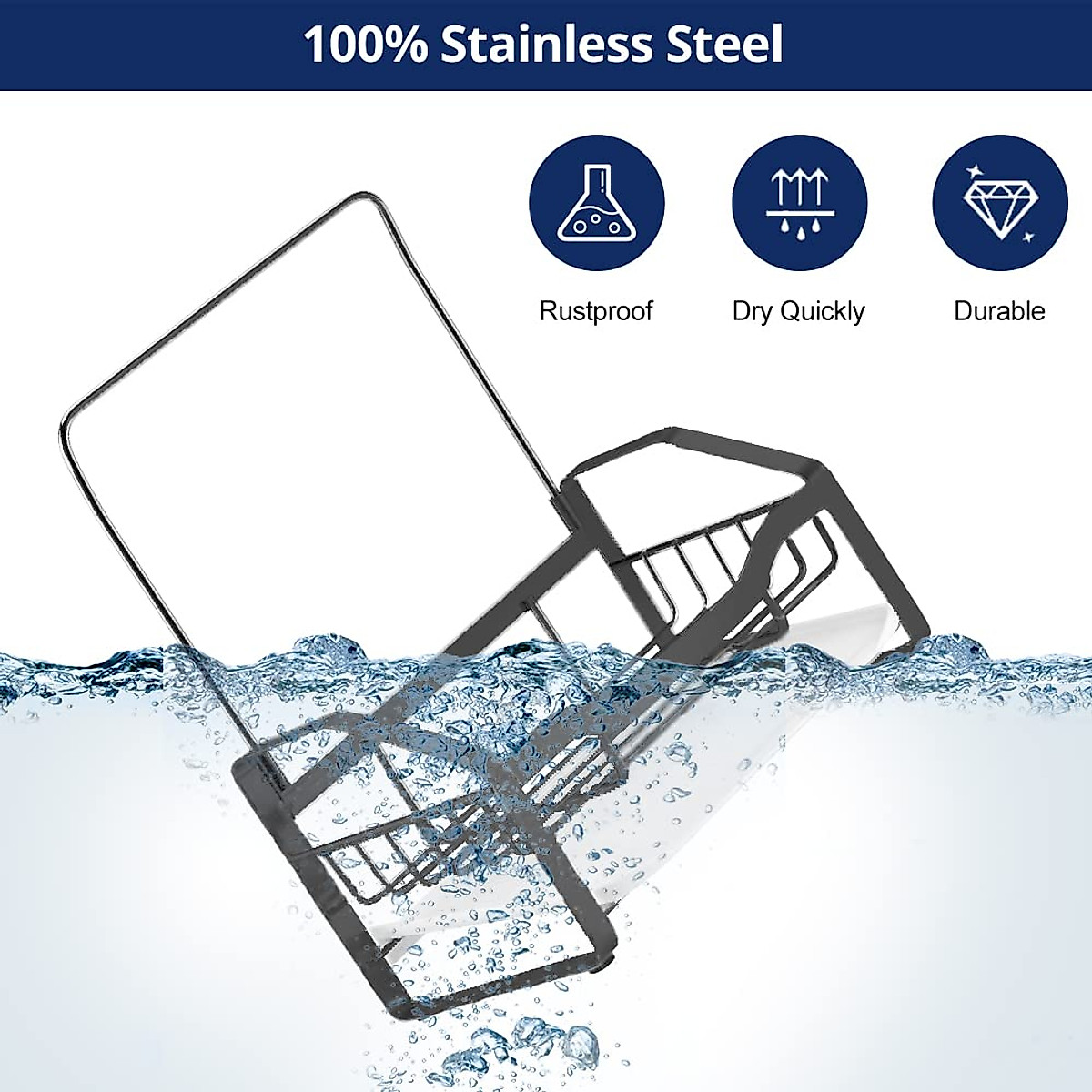 Forprim Kitchen Sink Caddy Sponge Holder,Kitchen Sink Organizer with Auto Drip Tray,Stainless Steel Dish Sponge Holder for Kitchen Sink Countertop with Detachable Dish Towel Bar (Black)