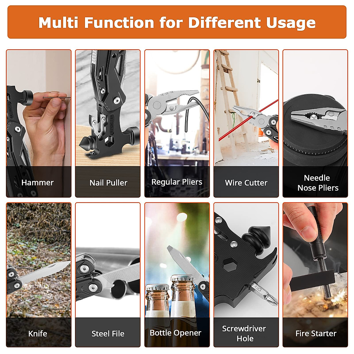 16 in 1 Multitool Hammer, 21 Tools Camping Accessories, Portable Survival Gear with Durable Sheath, 5-in-1 Function with Fire Starter, Gifts for Men