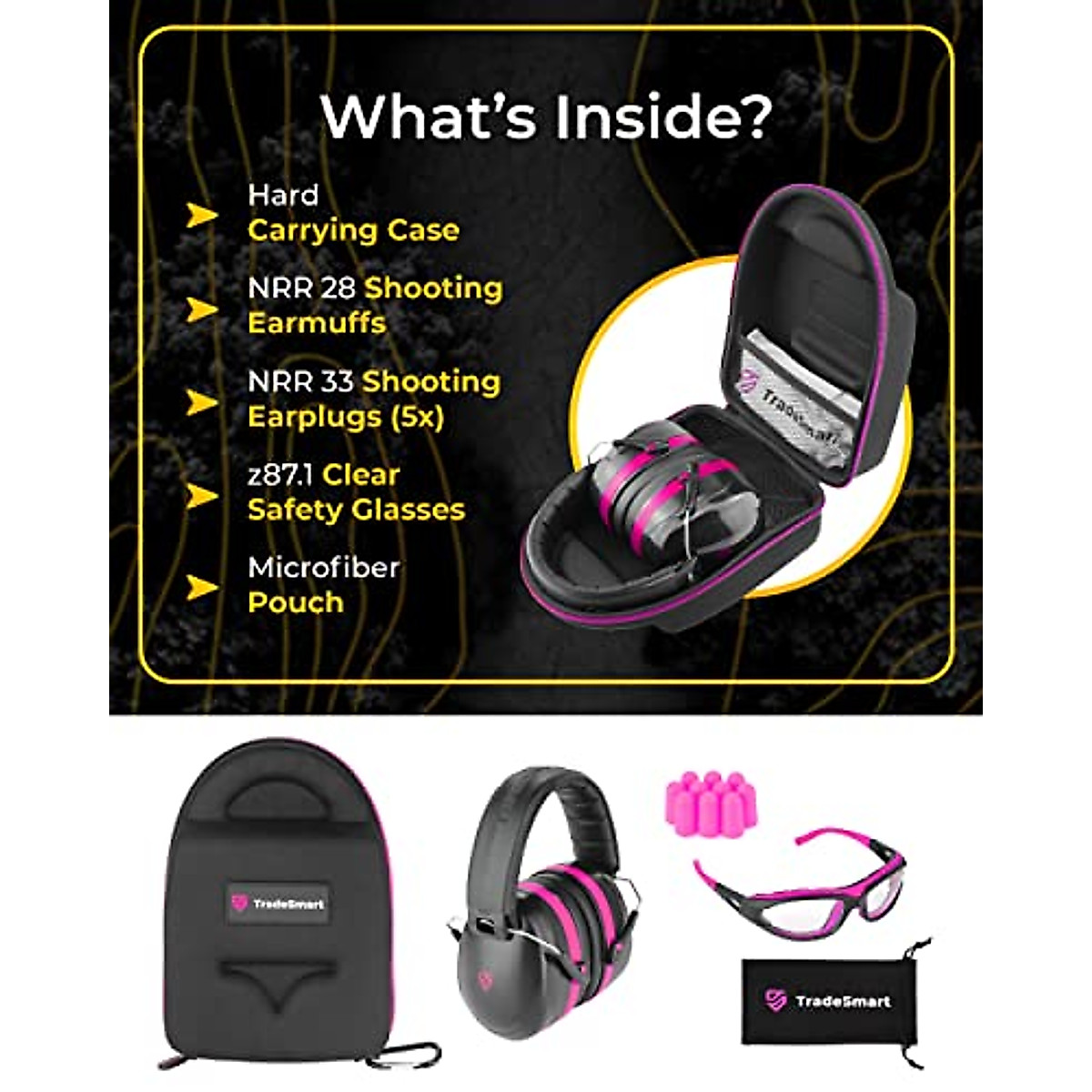 TradeSmart All-in-One Gun Range Safety Duo Kit, Yellow & Pink Ear and Eye Protection Kit for Men & Women, U.S. Certified