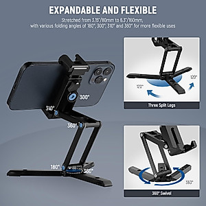 NEEWER Phone Tripod Mount with Cold Shoes, Metal Smartphone Tripod Adapter Compatible with iPhone, Multi Angle Tri Fold Cell Phone Holder Desktop Tripod, Handheld Phone Grip for Streaming Vlog SP-04