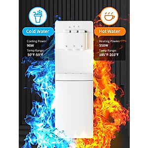 TABU Bottom Loading Water Cooler Dispenser of 3 Temperature Settings - Hot, Cold, Room Water, for 3 or 5 Gallon Bottles, with Child Safety Lock& Anti-Scalding Design, (White)