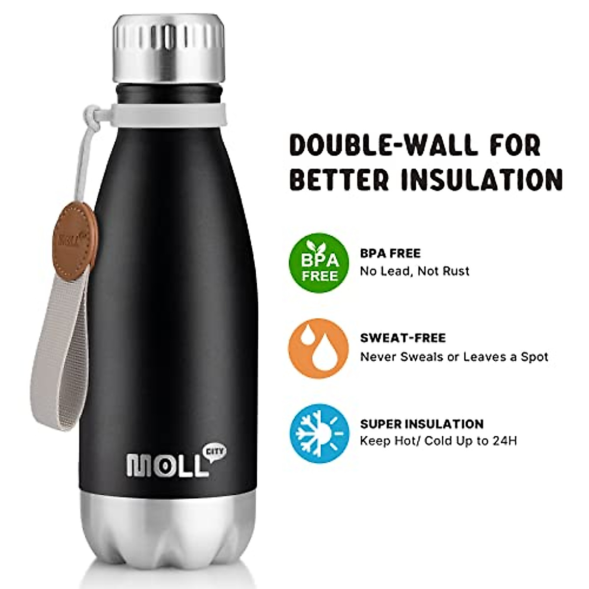Mollcity 9 oz Water Bottle-Stainless Steel Water Bottle for School Insulated Vacuum Metal Leak Proof Cola Shape Mini Water Bottle for Boys Girls(Black)
