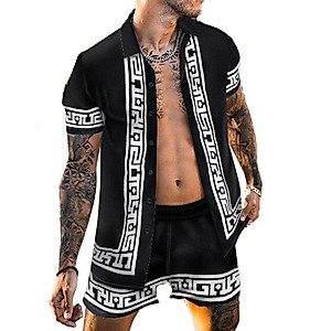 Nuofengkudu Men's Hawaiian Sets Short Sleeve Luxury Print Casual Button Down Dress Shirt Top and Shorts Black L