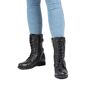 DREAM PAIRS Women's Winter Combat Boots, Comfortable Warm Faux Fur Lined Outdoor Lace-Up Mid Calf Riding Booties,Size 8.5,Black,Terran-Snow