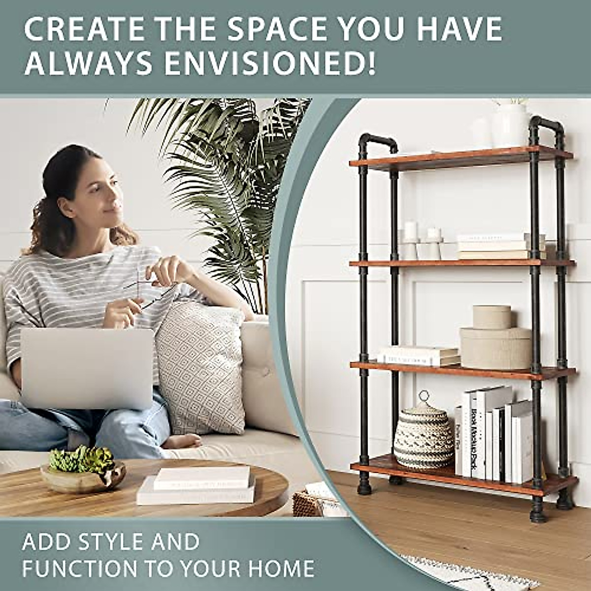 Barnyard Designs Furniture 4-Tier Etagere Bookcase, Solid Pine Open Wood Shelves, Rustic Modern Industrial Metal and Wood Style Bookshelf, Brown, 55" x 29.5" x 11.75"