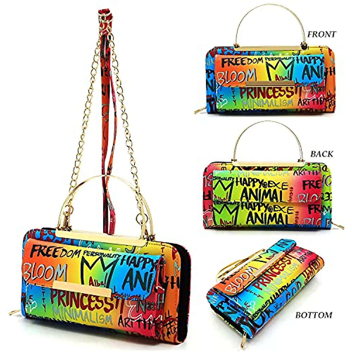 Multicolor Graffiti Printed Cell Phone Purse Wallet Smartphone Crossbody Wallet Travel Multifunction Phone Case Wristlet (#D-Multi2(GN/PK))