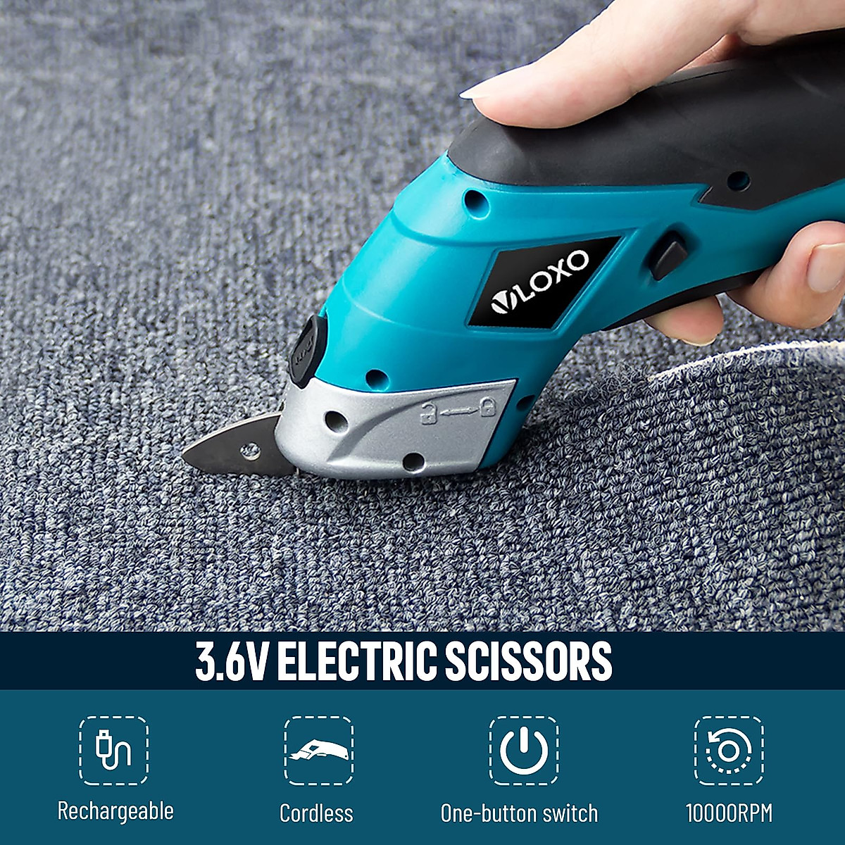 VLOXO Cordless Electric Scissors with 2 Blades Rechargeable Powerful Shears Cutting Tool for Fabric Cardboard Carpet Leather Felt with Charger