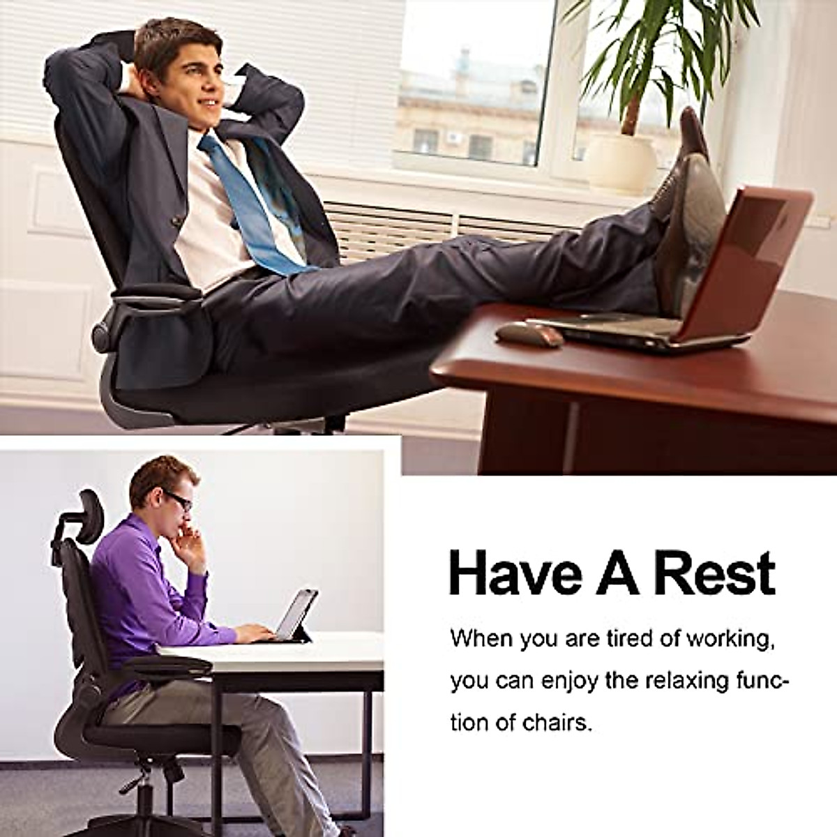 ComHoma Office Chair Ergonomic High Back Executive Adjustable Mesh Computer Chair with Flip-Up Armrests Adjustable Headrest Black,