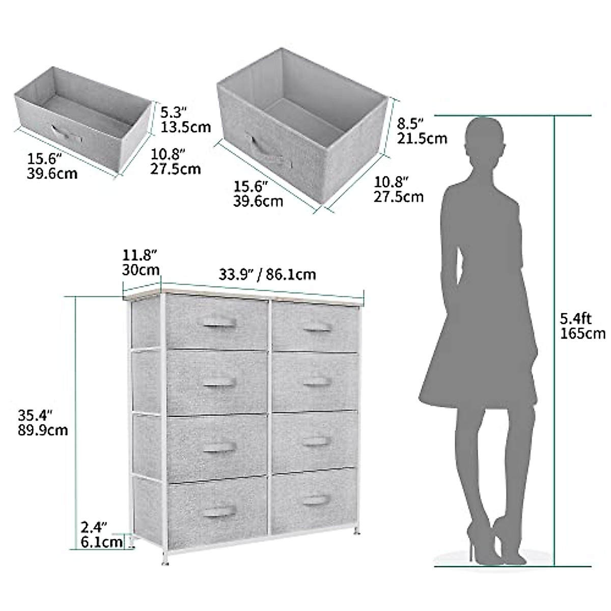 YITAHOME Fabric Dresser for Bedroom, Tall Dresser with 8 Drawers, Storage Tower with Fabric Bins, Chest of Drawers for Closet & Living Room - Sturdy Steel Frame, Wooden Top (Light Grey)
