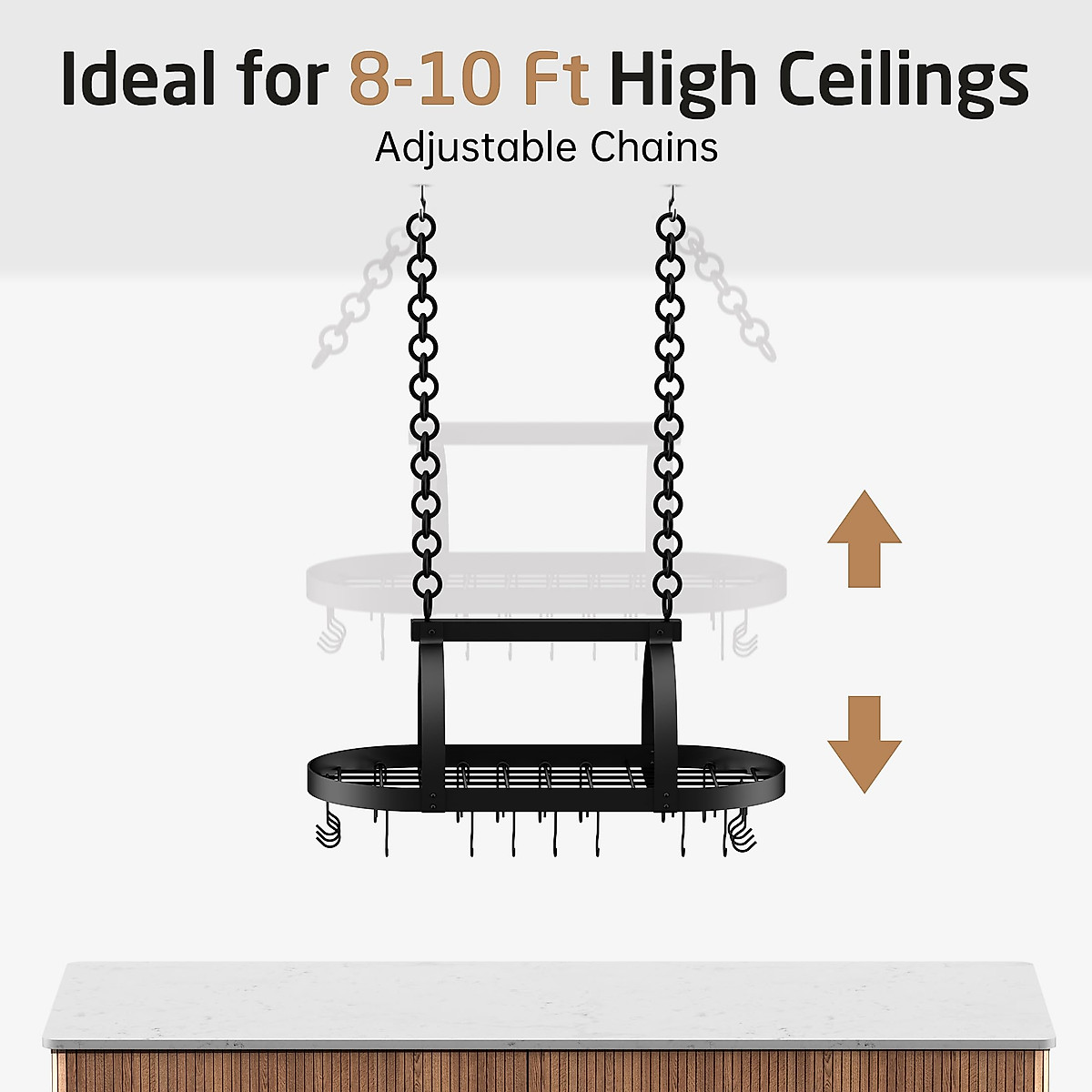 KES Ceiling Pot Rack 34-Inch Hanging Pot Rack for Kitchen Oval Pot and Pan Rack Matte Black Pot Hanger with 20 S Hooks, KUR221S85-BK