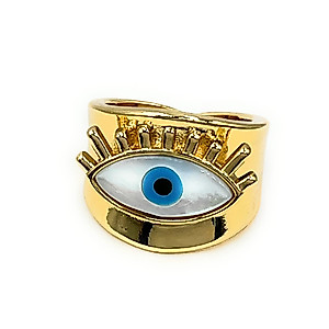 LESLIE BOULES 18K Gold Plated Evil Eye Ring Adjustable Size Jewelry for Women