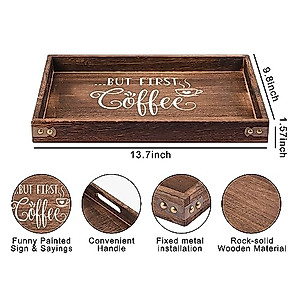 But First Coffee - Rectangle Wooden Coffee Serving Tray with Handles, Funny Rustic Farmhouse Foods Tray Coffee Table Tray Home Kitchen Decorative for Coffee Lovers Gifts