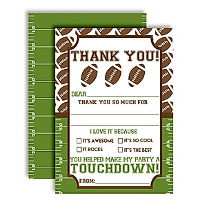 Football Touchdown Thank You Notes for Boys, Ten 4" x 5.5" Fill In The Blank Cards with 10 White Envelopes by AmandaCreation