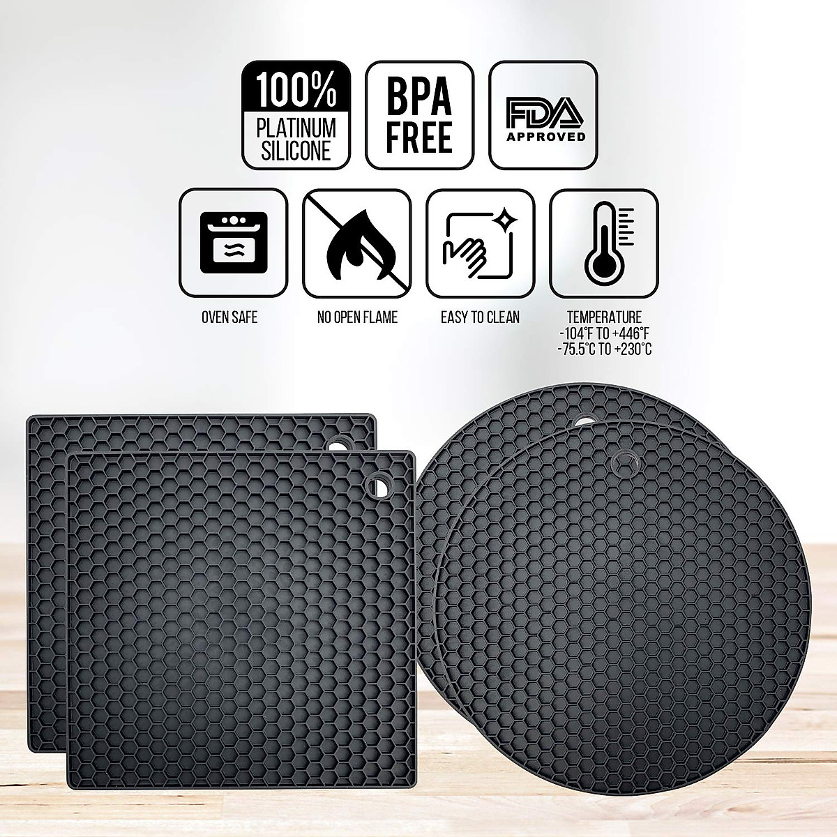 KITCHENATICS Trivets for Hot Dishes, Silicone Trivets for Hot Pots & Pans, Hot Pads for Kitchen, Pot Holders for Kitchen Heat Resistant Mats for Countertop, Silicone Trivet Mat Hot Plates, Black 4Pcs