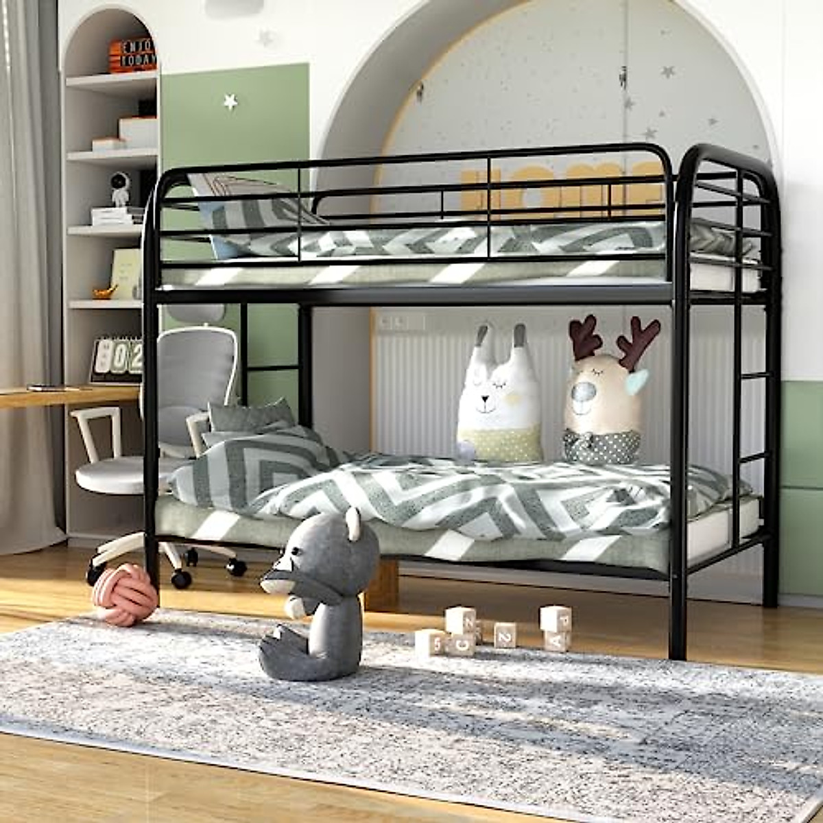 Aobabo Metal Bunk Bed Twin Over Twin, Full-Length Industrial Safety Rail Bunk Bed Frame with Ladder,Space Saving, Noise Free, Black